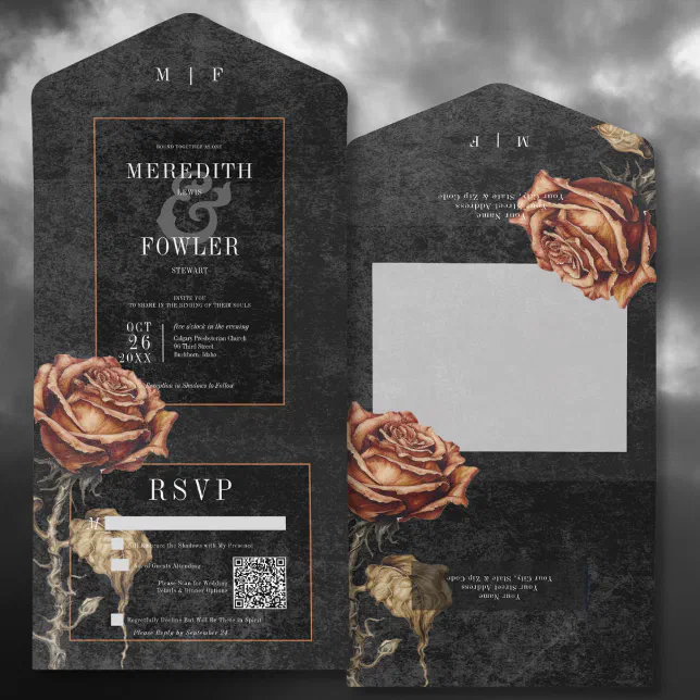 Dark Gothic Black & Rust Rose QR Code All In One Invitation | Zazzle