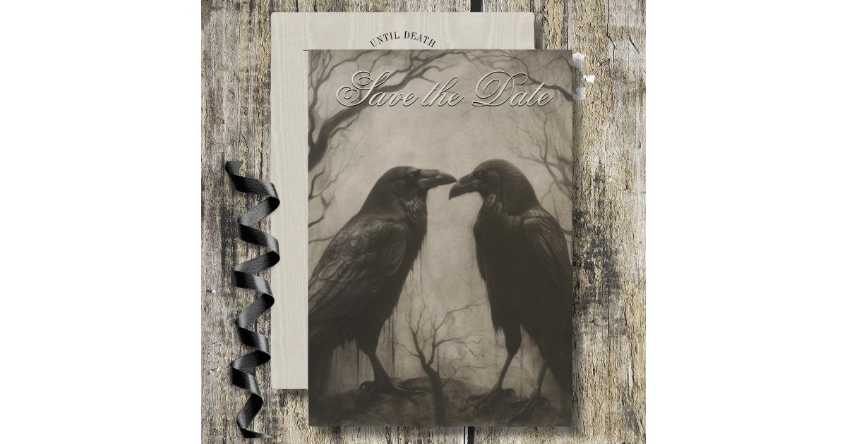 Dark Gothic Black & Tan Raven Script Wedding Save The Date | Zazzle