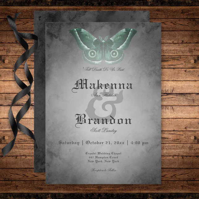 Dark Gothic Black Watercolor Green Moth Wedding Invitation | Zazzle