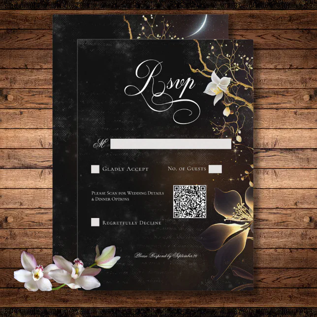 Dark Gothic Black & White Orchid Spells QR Code RSVP Card | Zazzle