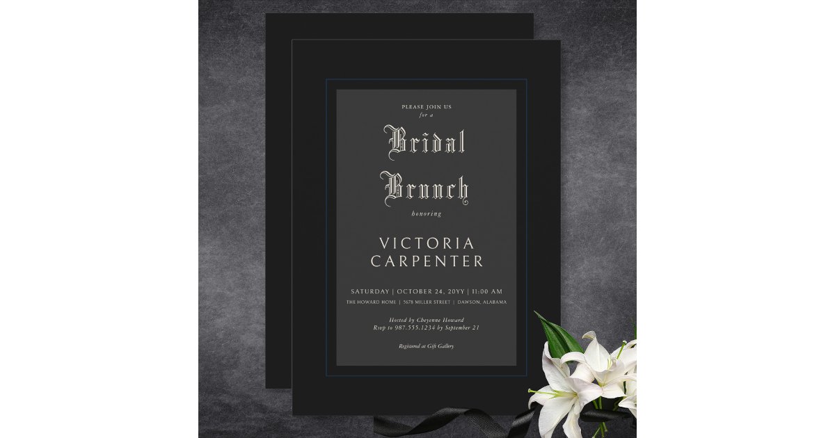 Dark Gothic Minimal Black & Blue Bridal Brunch Invitation | Zazzle