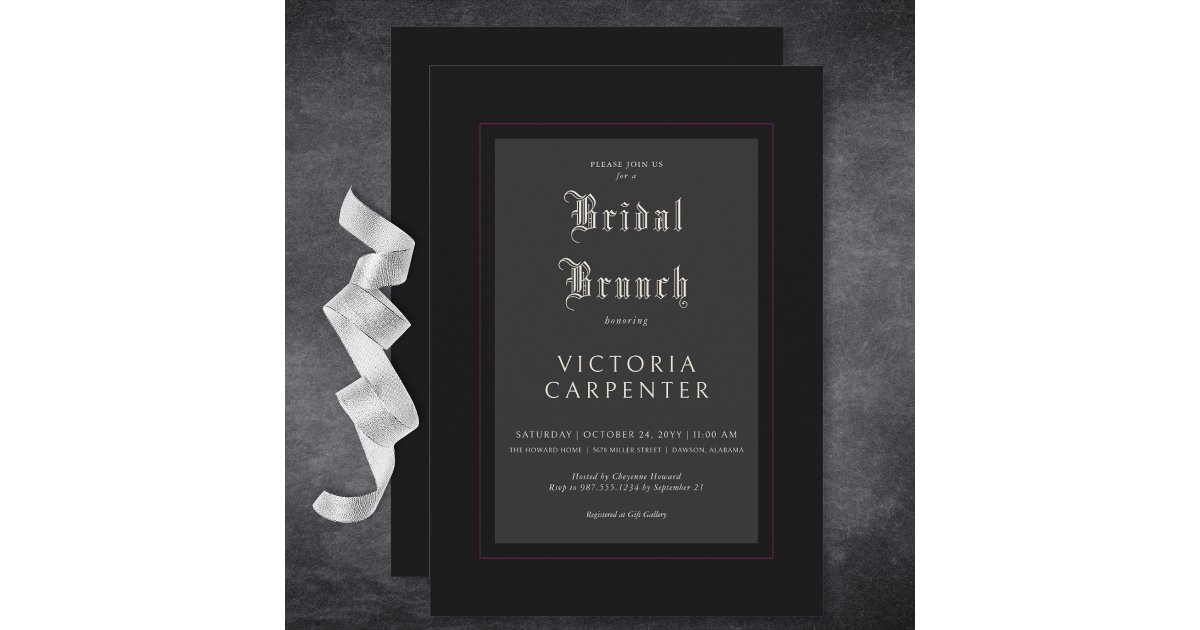 Dark Gothic Minimal Black & Burgundy Bridal Brunch Invitation | Zazzle