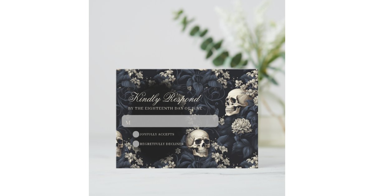 Dark Gothic Moody Skulls & Flowers Wedding RSVP Card | Zazzle