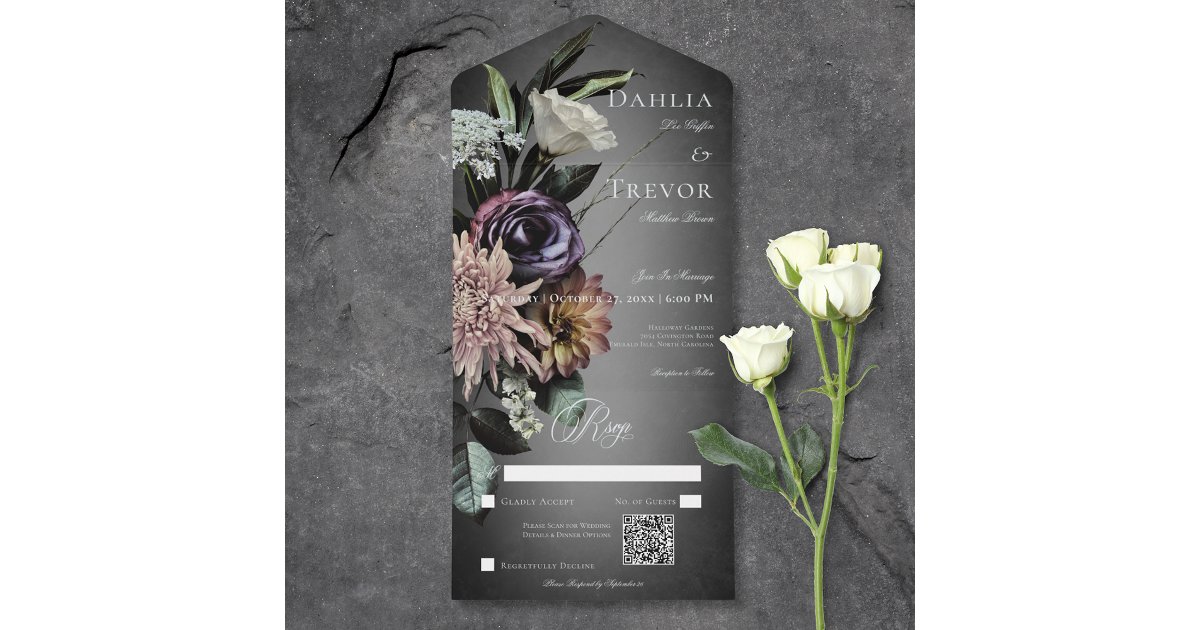 Dark Gothic Mysterious Muted Floral Blur QR Code All In One Invitation ...