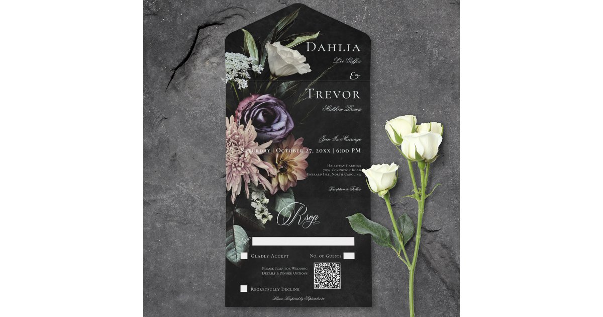 Dark Gothic Mysterious Muted Floral QR Code All In One Invitation | Zazzle