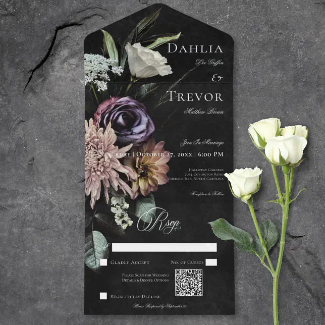 Dark Gothic Mysterious Muted Floral QR Code All In One Invitation | Zazzle