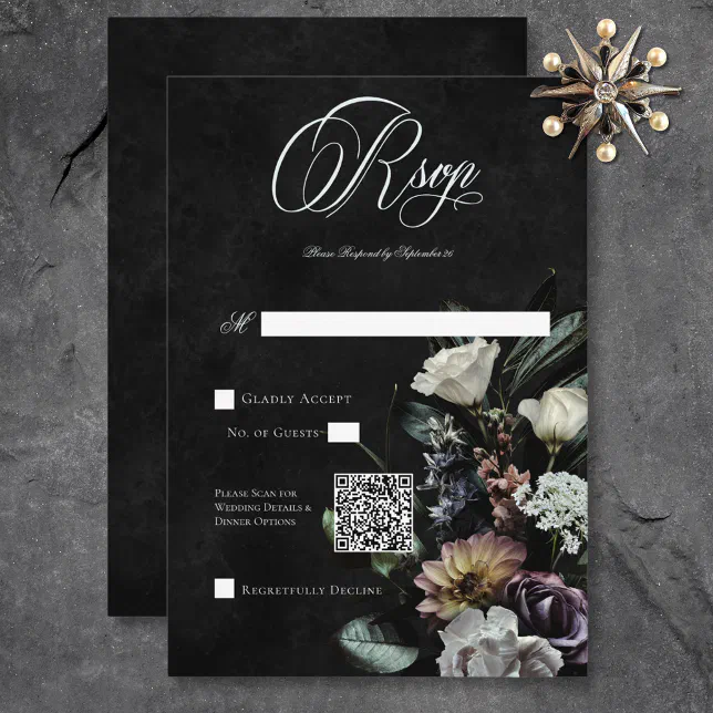 Dark Gothic Mysterious Muted Floral QR Code RSVP Card | Zazzle