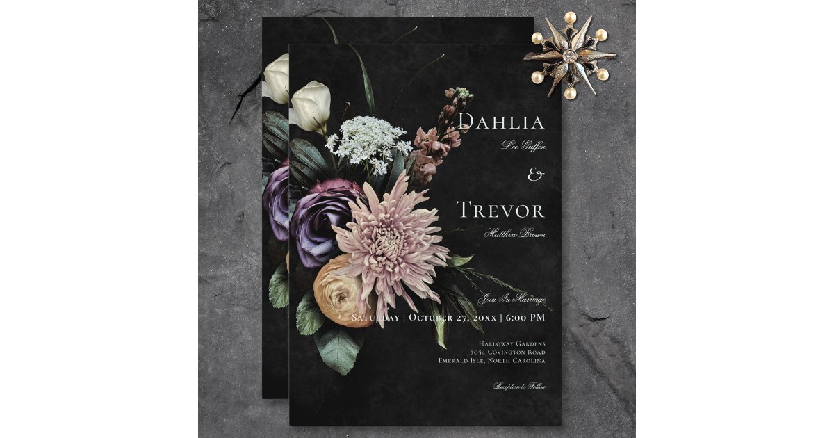 Dark Gothic Mysterious Muted Floral Wedding Invitation | Zazzle