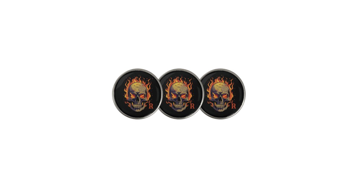 Dark Gothic Skull in Flames Monogram Initial Golf Ball Marker | Zazzle