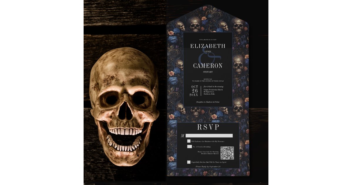 Dark Gothic Vintage Blue Floral & Skulls QR Code All In One Invitation ...