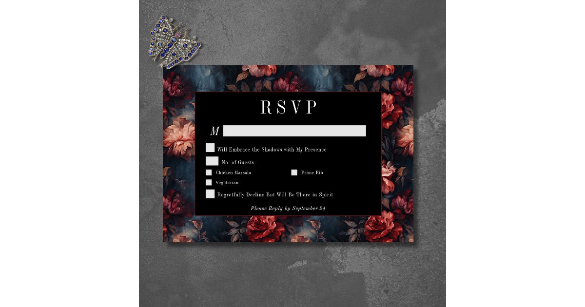 Dark Gothic Vintage Red & Pink Floral Wedding RSVP Card | Zazzle
