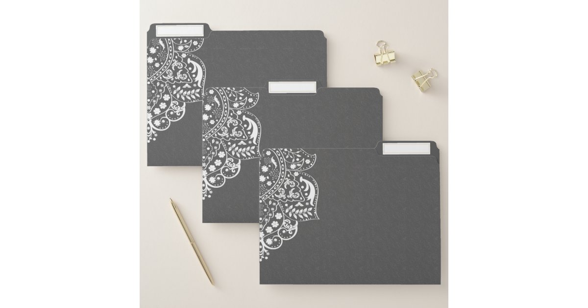 Dark Gray Damask And White Mandela File Folder | Zazzle