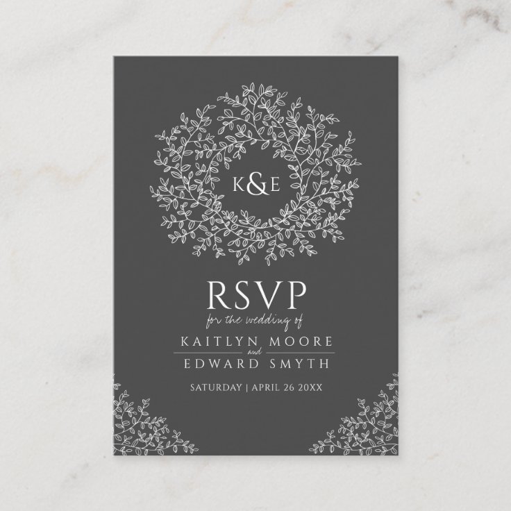 Dark gray hand drawn leaf monogram RSVP wedding Enclosure Card | Zazzle