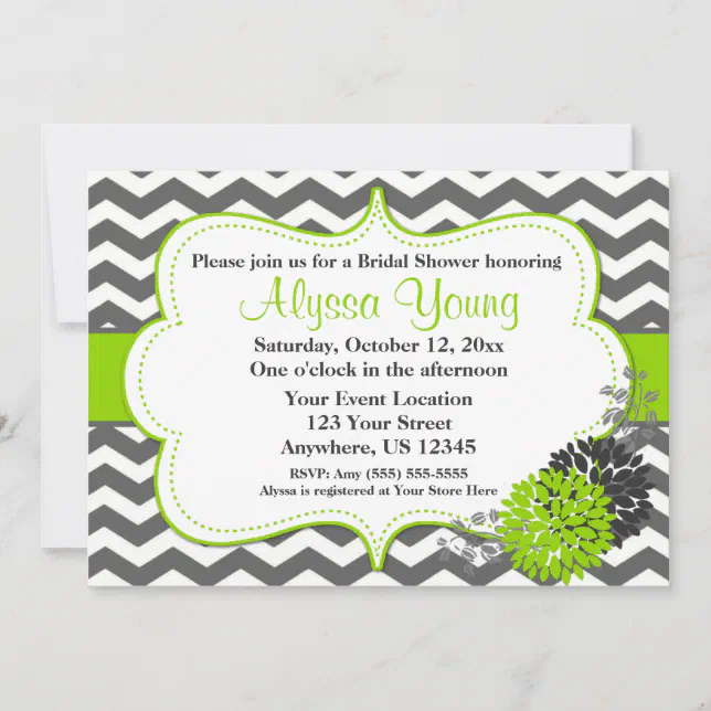 Dark Gray Lime Green Chevron Invitation | Zazzle