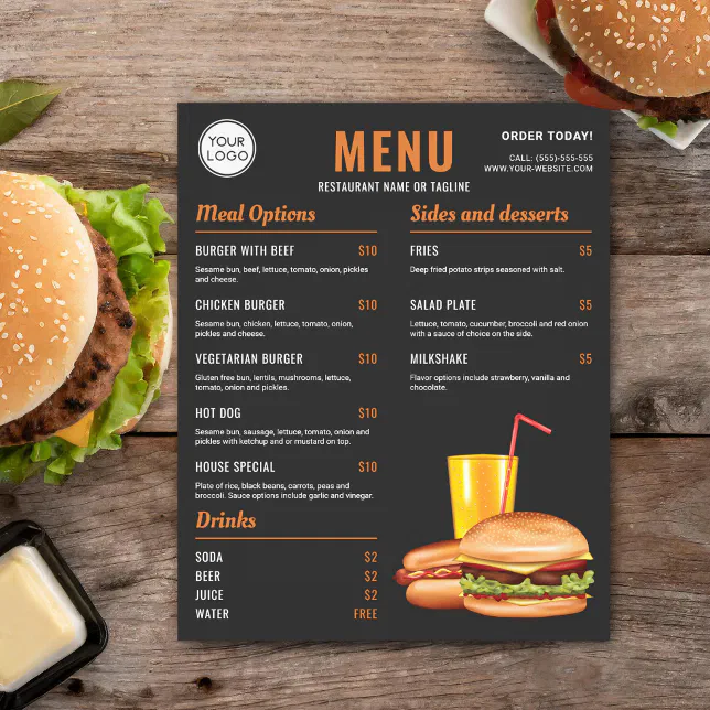 Dark Gray Orange Hamburger Hotdog Food Menu Prices Flyer | Zazzle