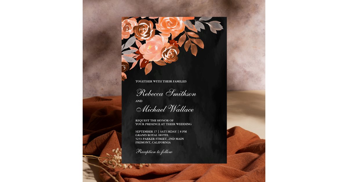 Dark Gray Rustic Earthy Terracotta Floral Wedding Invitation | Zazzle