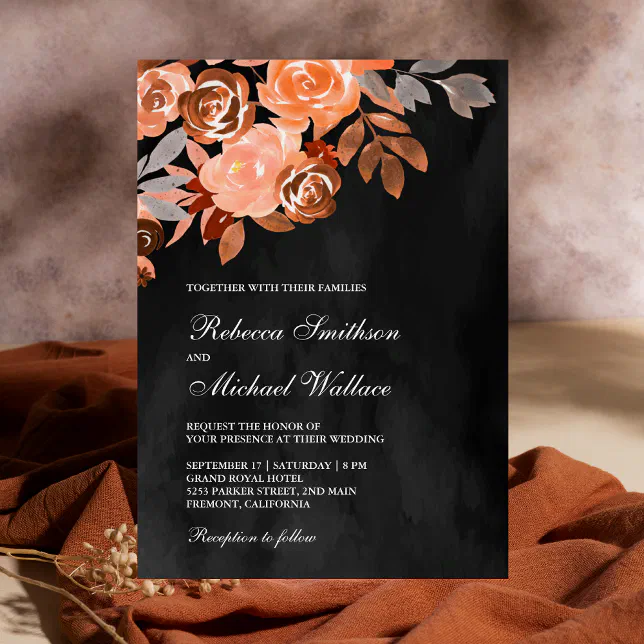 Dark Gray Rustic Earthy Terracotta Floral Wedding Invitation | Zazzle