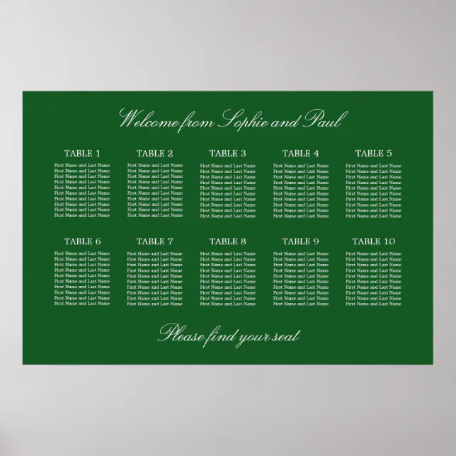 Dark Green 10 Table Wedding Seating Chart Poster | Zazzle