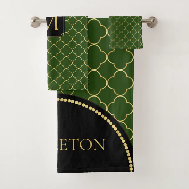 Dark Green And Gold Quatrefoil Monogram Bath Towel Set Zazzle