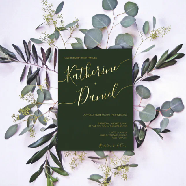 Dark Green Elegant Calligraphy Minimalist Script Foil Invitation | Zazzle