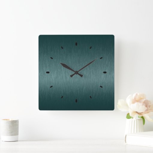 Dark Green Metallic Design Brushed Steel Look Square Wall Clock | Zazzle