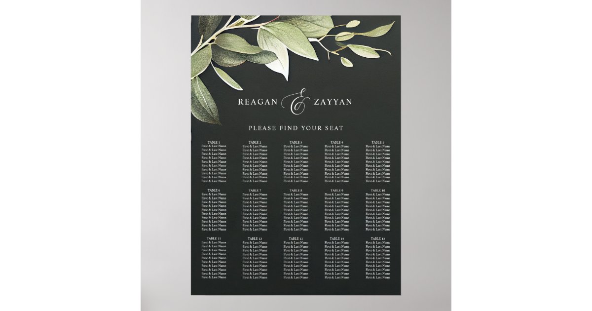 Dark Green Mod Greenery Wedding Seating Chart | Zazzle
