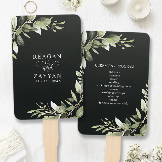Dark Green Modern Greenery Leaves Wedding Program Hand Fan | Zazzle