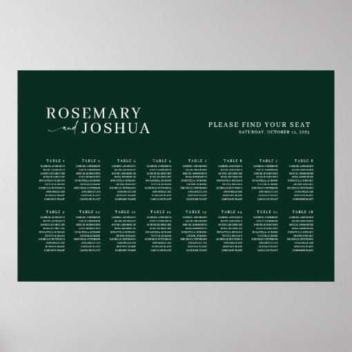 Dark Green Modern Seating Chart Find Your Seat | Zazzle