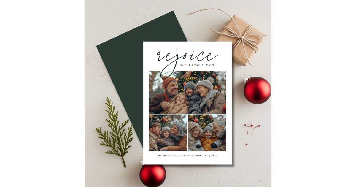 Dark Green Rejoice Religious Christmas Photo Holiday Card | Zazzle