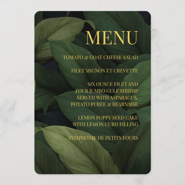 Dark Green Tropical Leaves Menu | Zazzle