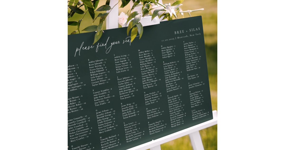 Dark Green Wedding Alphabetical Seating Chart Foam Board | Zazzle