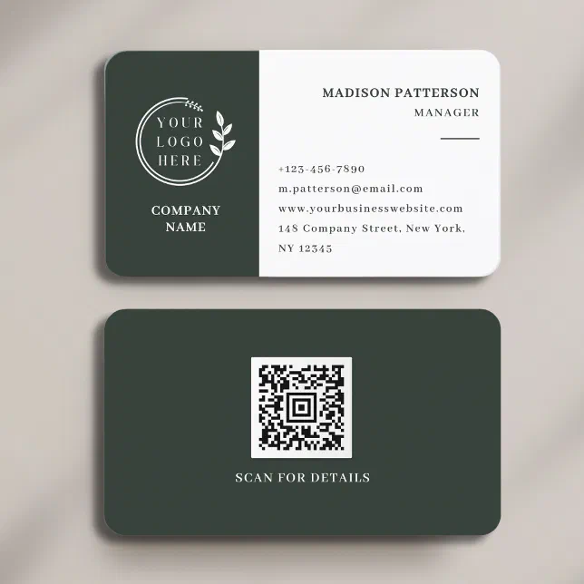 Dark Green White Logo QR Code Minimalist Modern Business Card | Zazzle