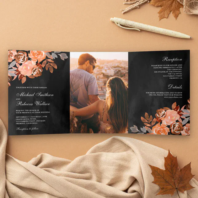 Dark Grey Rustic Earthy Terracotta Floral Wedding Tri-Fold Invitation ...