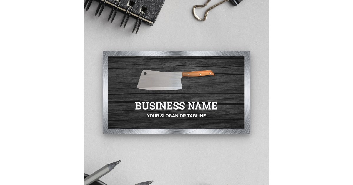 Dark Grey Wood Steel Butcher Knife Meat Shop Business Card | Zazzle