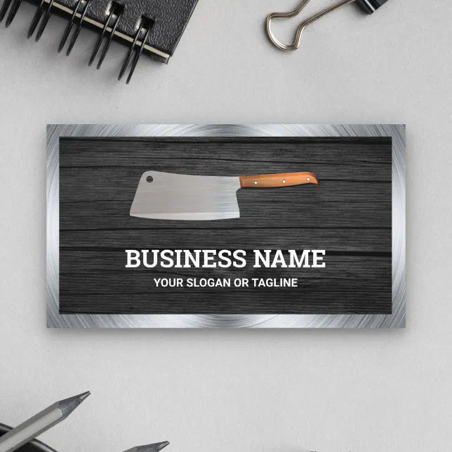 Dark Grey Wood Steel Butcher Knife Meat Shop Business Card | Zazzle