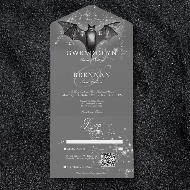 Dark Halloween Glam Bat & Diamonds QR Code All In One Invitation | Zazzle