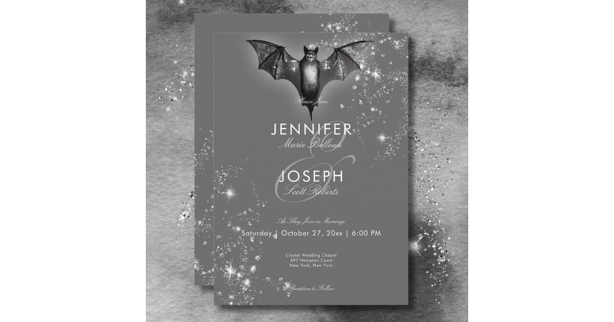 Dark Halloween Glam Bat & Diamonds Wedding Invitation | Zazzle