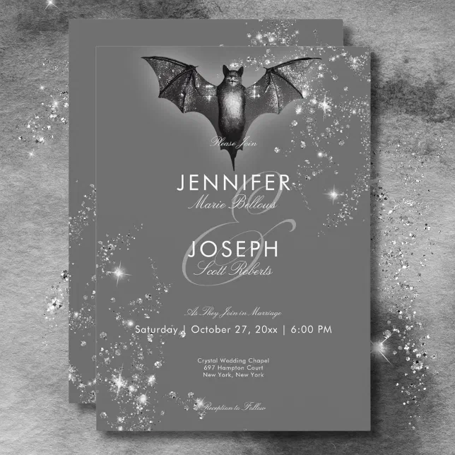 Dark Halloween Glam Bat & Diamonds Wedding Invitation | Zazzle