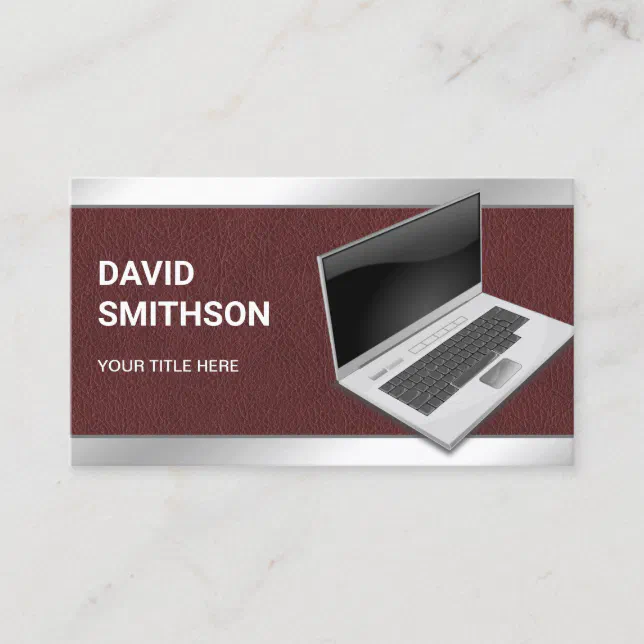 Dark Leather Laptop PC Computer Repair Technician Business Card | Zazzle