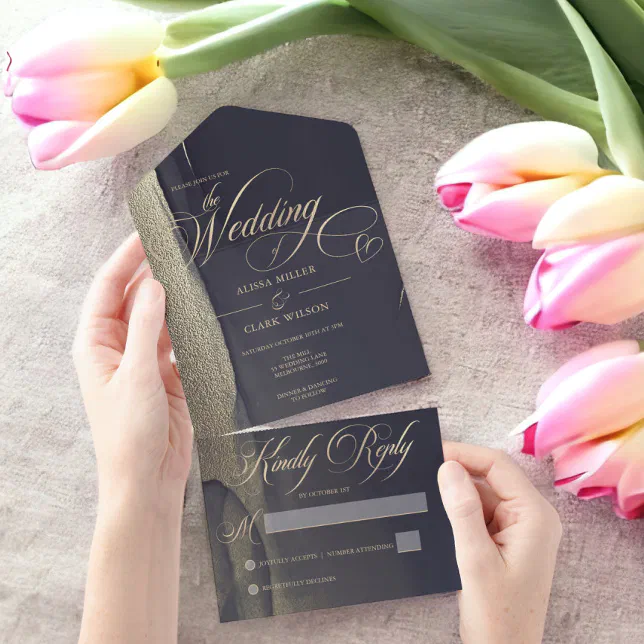 Dark Midnight Blue & Gold Modern Painterly Wedding All In One ...