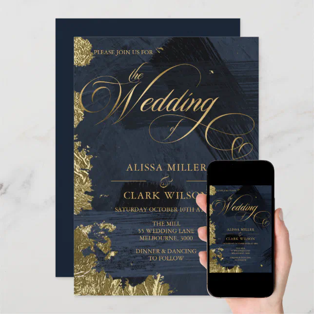 Dark Midnight Blue, Gold Painterly Wedding Invitation | Zazzle