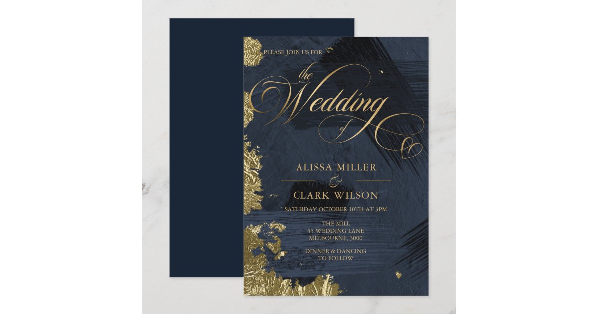 Dark Midnight Blue, Gold Painterly Wedding Invitation | Zazzle