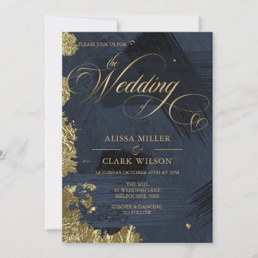 Dark Midnight Blue, Gold Painterly Wedding Invitation | Zazzle