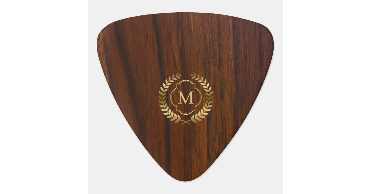 Dark mohagony wood gold badge monogram guitar pick | Zazzle