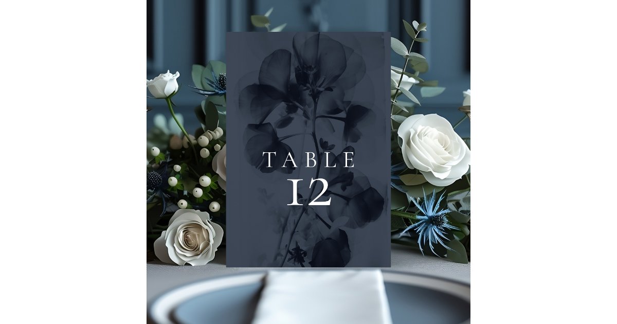 Dark Moody Blue Botanical Floral Wedding Table Number | Zazzle