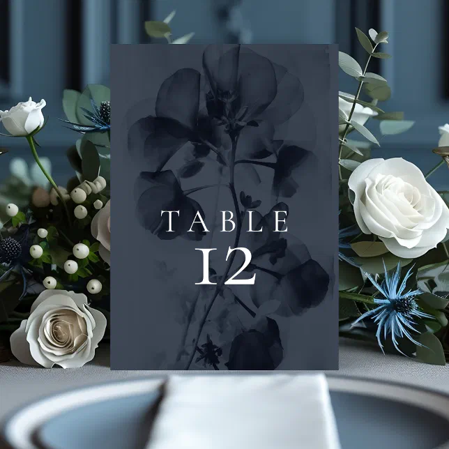 Dark Moody Blue Botanical Floral Wedding Table Number | Zazzle