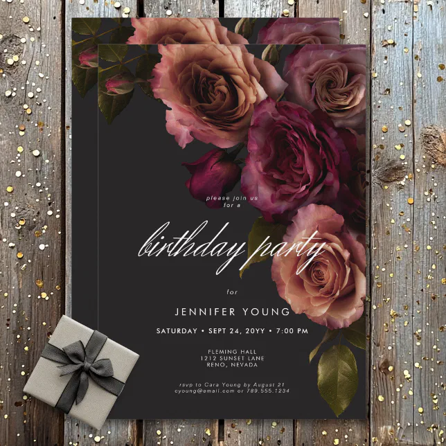 Dark Moody Burgundy Rust Rose Blooms Birthday Invitation | Zazzle