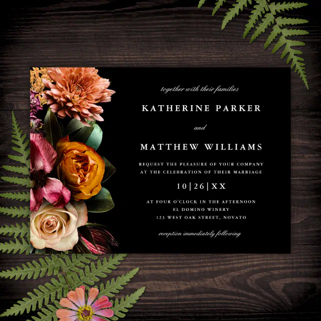 Dark + Moody Elegant Floral Black Wedding Invitation | Zazzle