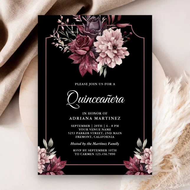 Dark Moody Floral Frame Black Quinceanera Invitation | Zazzle