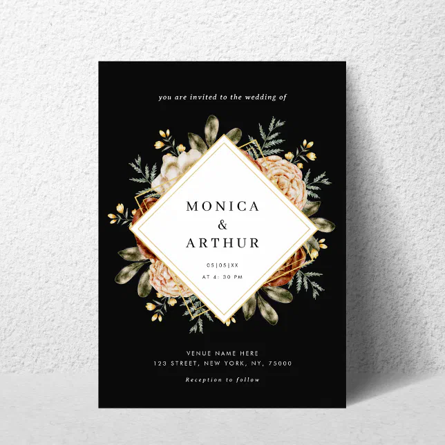 Dark Moody Floral & Gold Frame QR Code Wedding Invitation | Zazzle